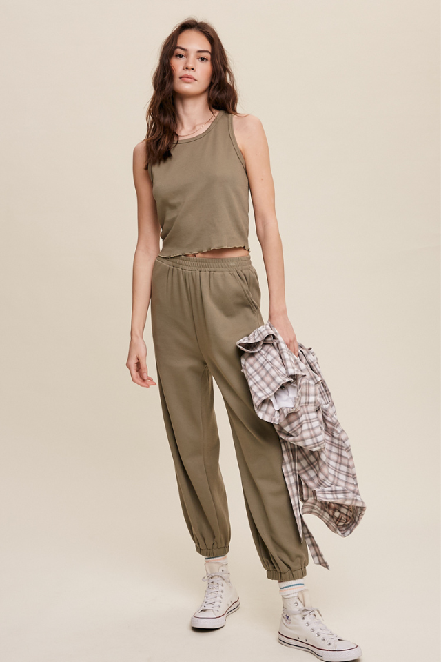Listicle Knit Crop Top and Jogger Pants Set - Olive – Seaside Shoes & Swim